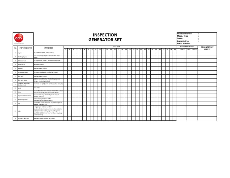 Daily Inspection Checklist Generator Set | Download Free PDF | Machines ...