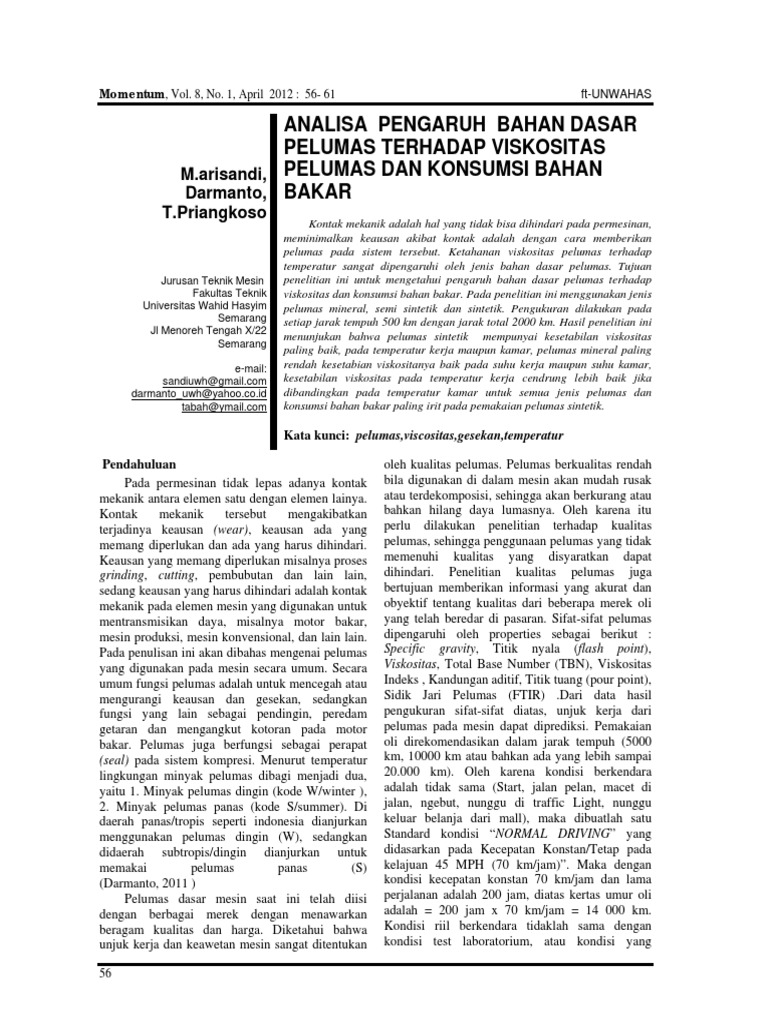 Pengaruh Bahan Dasar Pelumas pada Viskositas | PDF | Teknologi & Rekayasa
