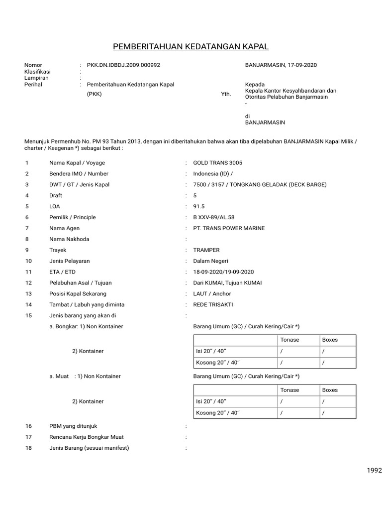 Surat Pemberitahuan Kedatangan Kapal (Contoh) | PDF