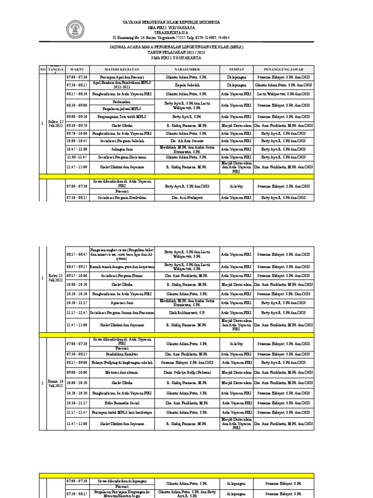Run Down Acara MPLS 2022 Sma Piri 1 Yogya | PDF | Kesehatan Holistik | Sains & Matematika
