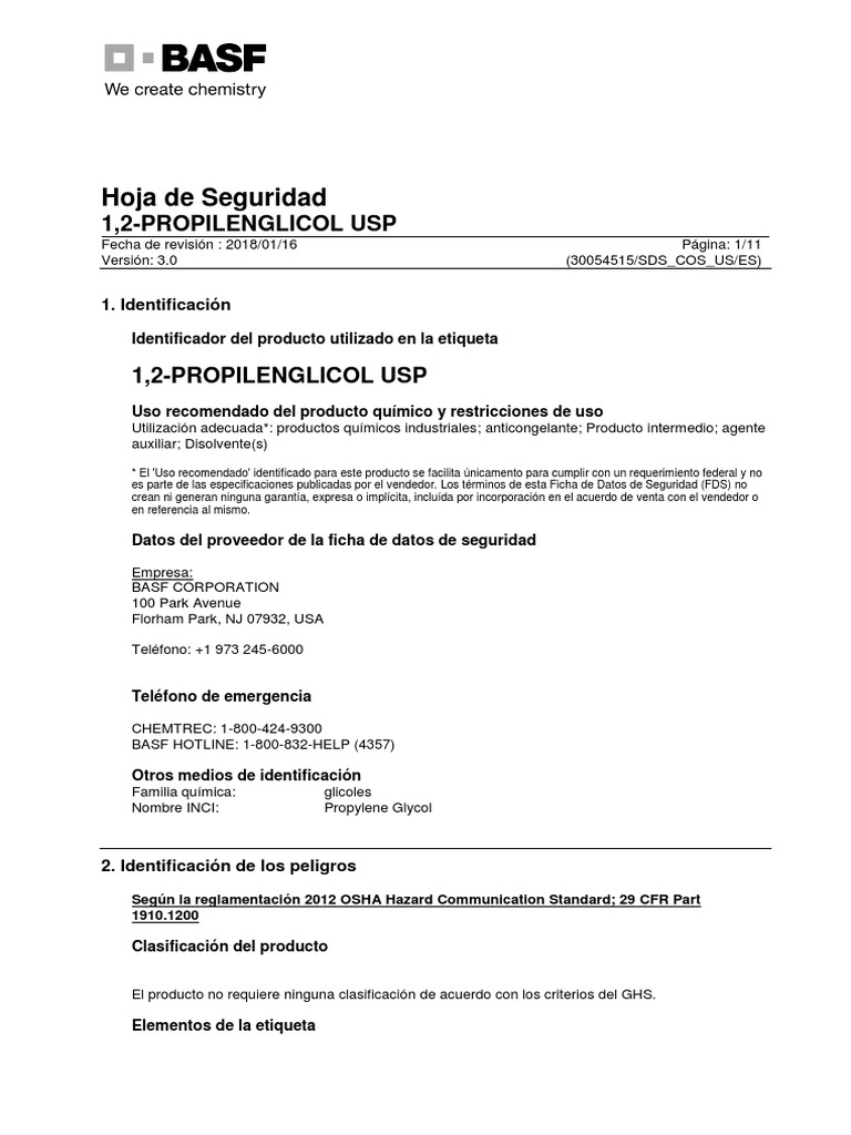 HDS - 1,2 - Propilenglicol USP BASF | PDF | Solubilidad | Agua