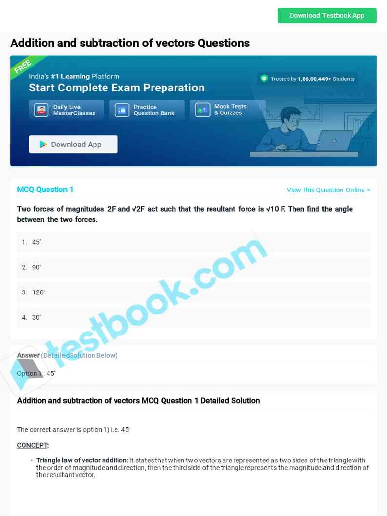 Mcq On Addition And Subtraction Of Vectors 5eea6a1339140f30f369f03a Pdf