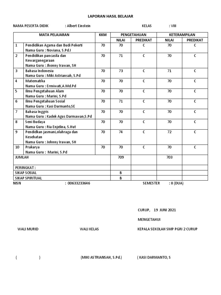 Contoh Format Rapot | PDF
