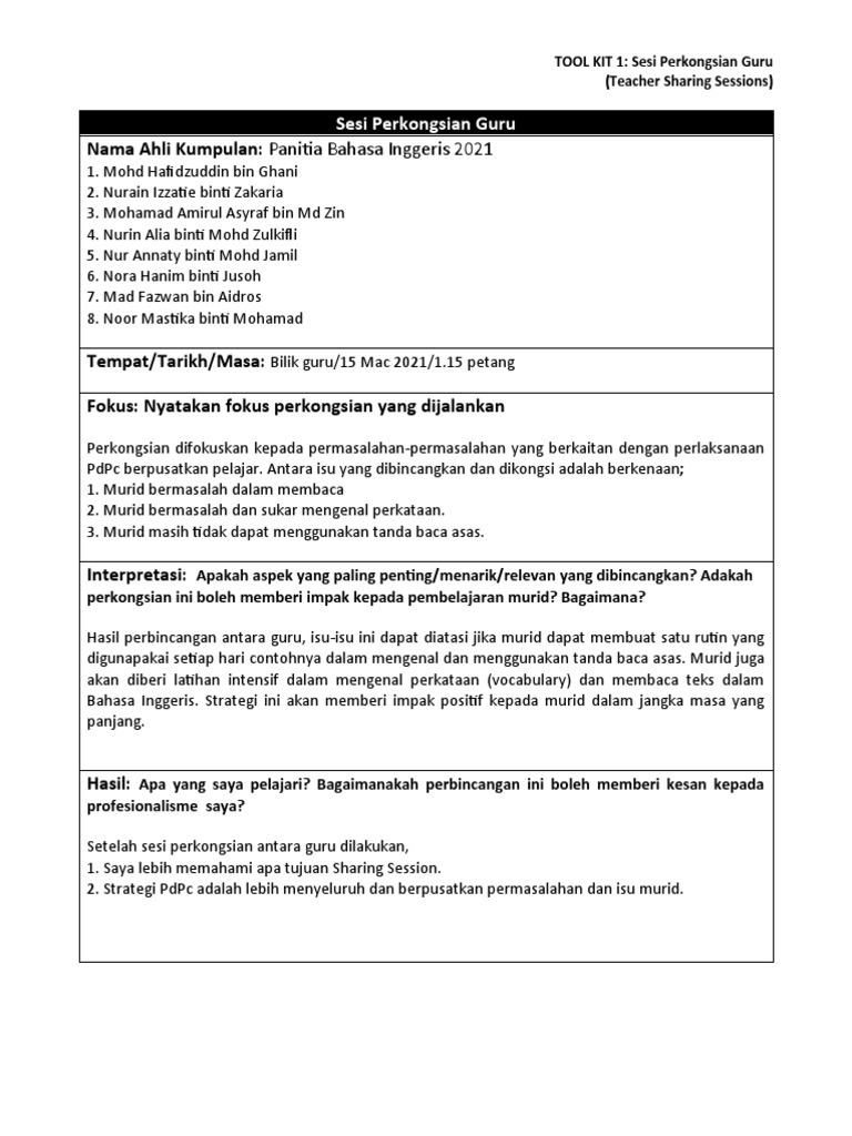 Tool Kit TSS Panitia 1 Tecaher Sharing | PDF