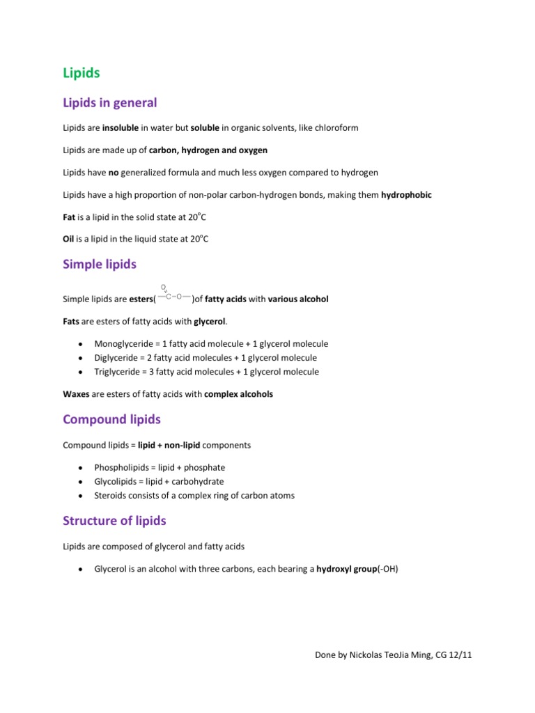 Biology Notes (Lipids) | PDF