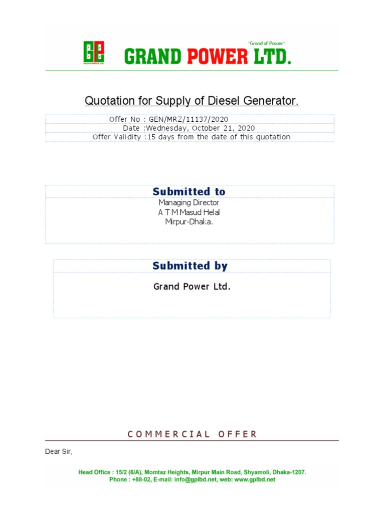 Offer of 350kva Perkins Generator | PDF | Economies | Business