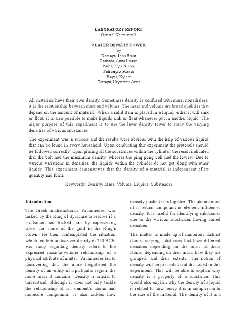 General Chemistry Lab Report | PDF | Liquids | Density