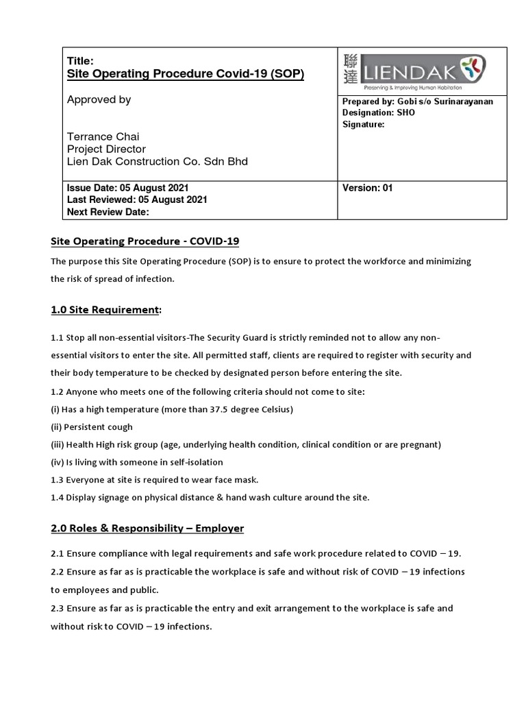 SOP For Covid-19 Liendak Rev 2 | PDF | Employment | Public Health