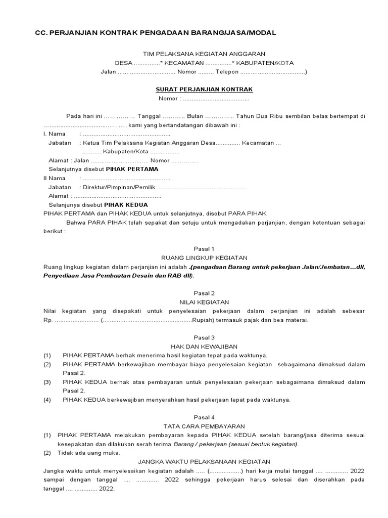 Perjanjian Kontrak Pengadaan Barang Atau Jasa | PDF