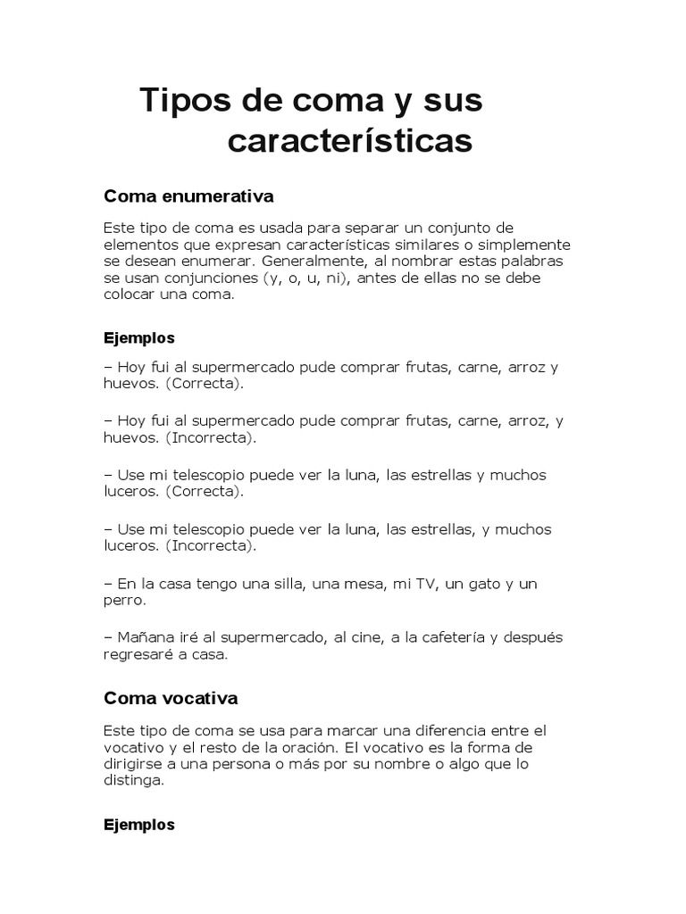 Tipos de Coma y Sus Características | PDF | Oración (Lingüística) | Asunto (gramática)