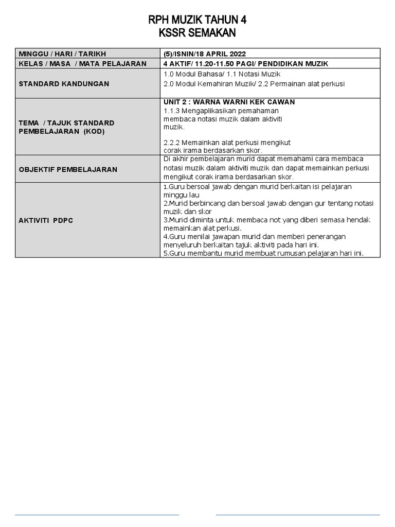 RPH Muzik Tahun 4 - MINGGU 5 | PDF