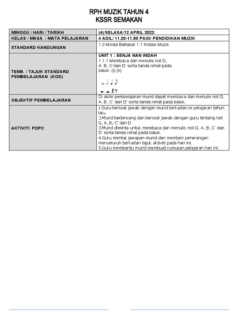 RPH Muzik Tahun 4 - MINGGU 4 | PDF