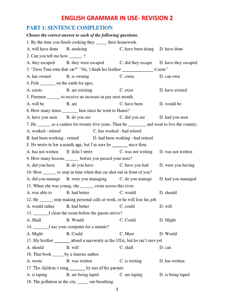 English Grammar in Use-Revision 2: Part 1: Sentence Completion | PDF ...