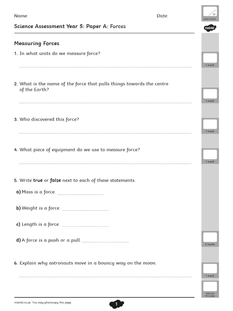 Science Assessment Year 5: Paper A: Forces Measuring Forces | Download ...