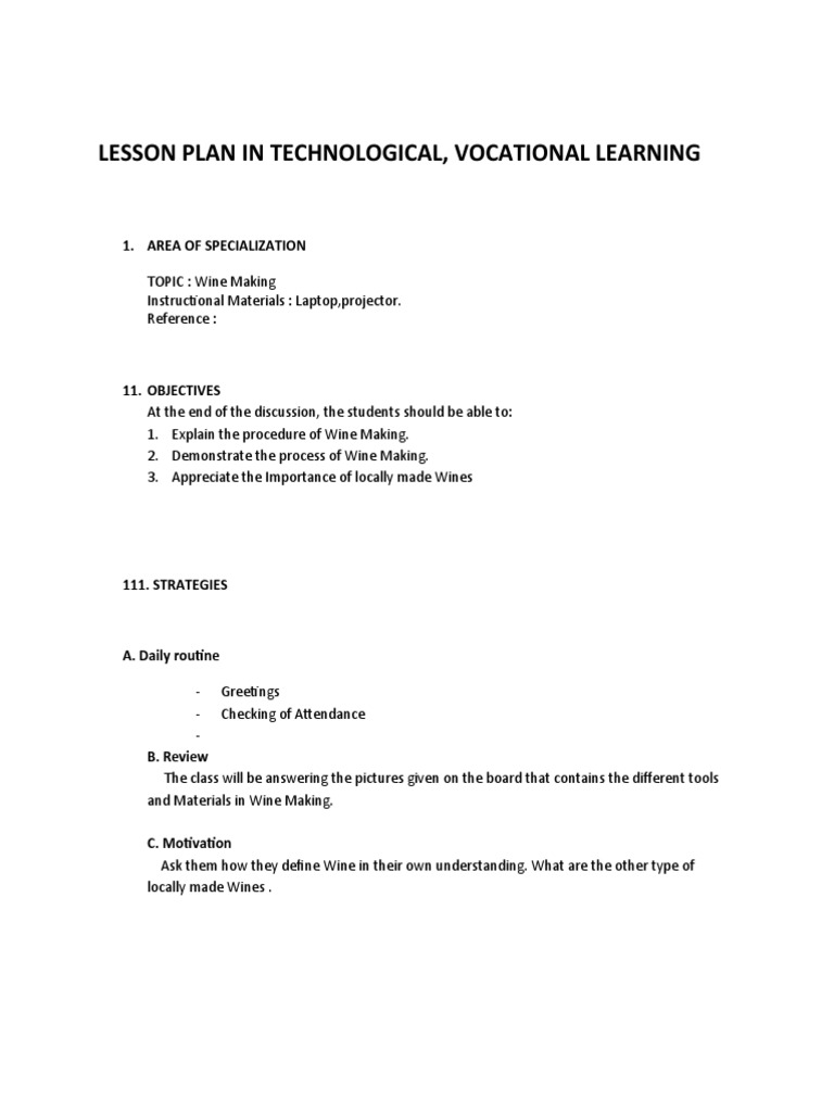 Detailed Lesson Plan in TVL - SCC | PDF | Wine | Winemaking