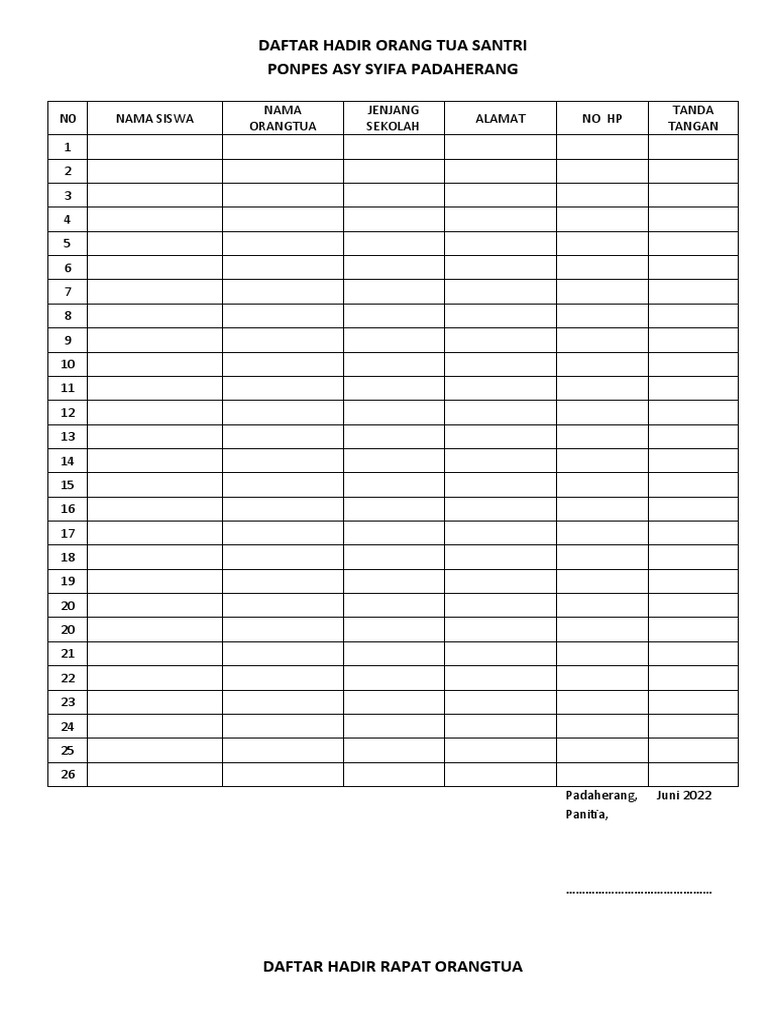 Daftar Hadir Rapat Orangtua | PDF