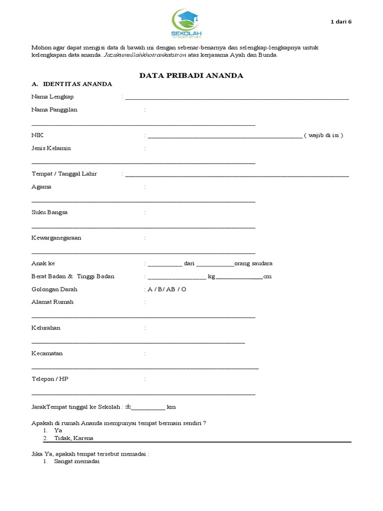 Formulir TK Kreatif Anak | PDF