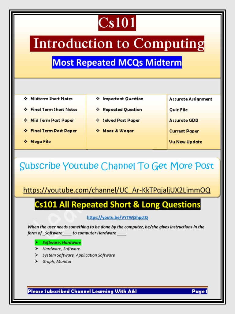 Cs101 Introduction To Computing: Most Repeated Mcqs Midterm | PDF | World Wide Web | Internet & Web