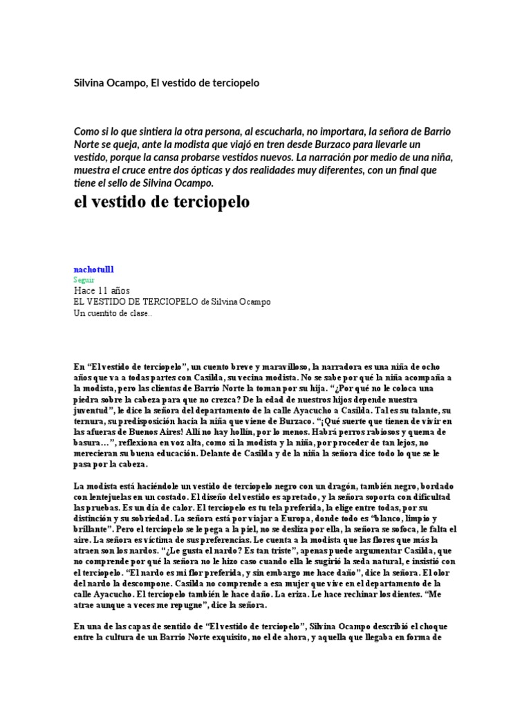 Análisis de El Vestido de Terciopelo, de Silvina Ocampo | PDF | Poesía