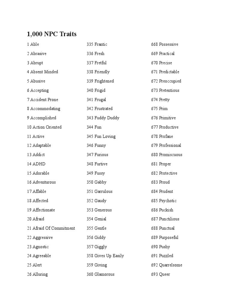 1000 NPC Traits | PDF | Psychological Concepts | Psychology