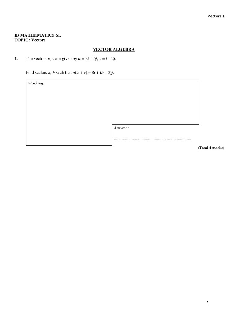 Working:: Ib Mathematics SL TOPIC: Vectors Vector Algebra 1 | PDF ...