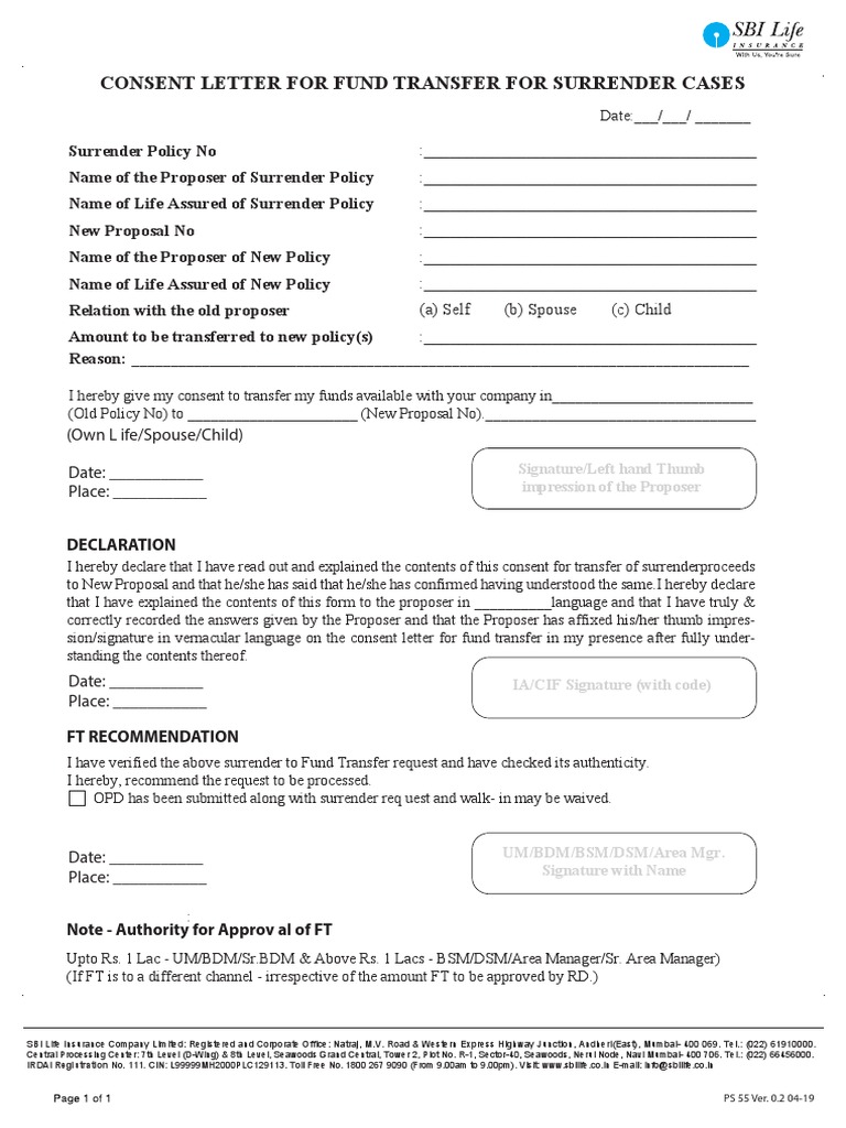 Consent Letter For Fund Transfer For Surrender Cases | PDF | Authentication