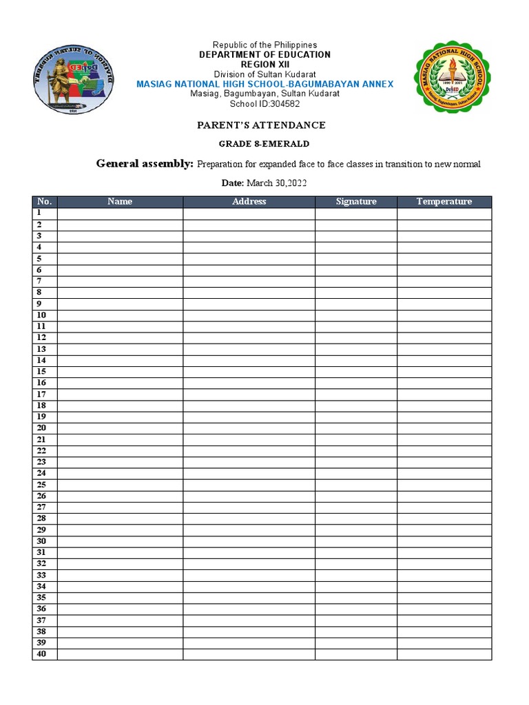Parent Attendance for Grade 8 Assembly | PDF
