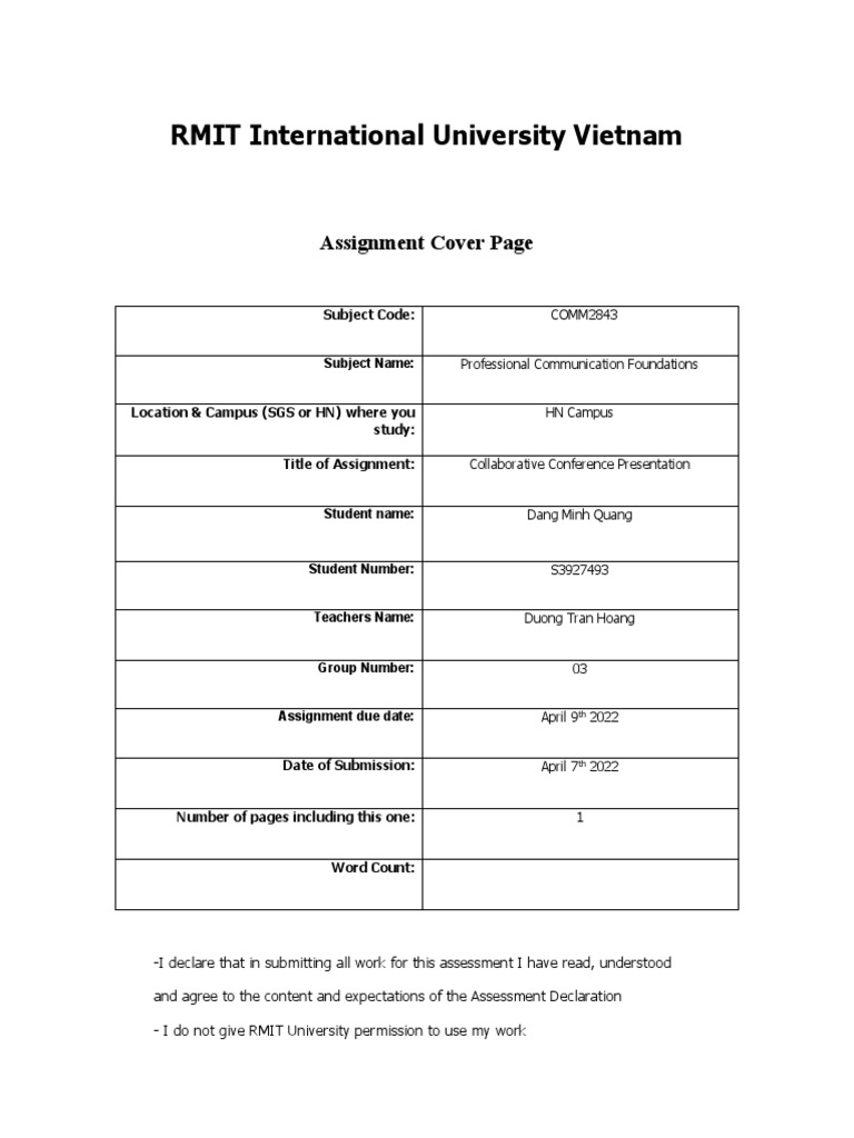 RMIT International University Vietnam: Assignment Cover Page | PDF