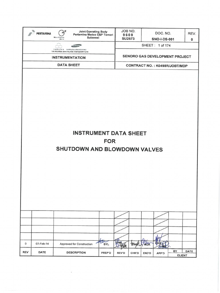 SNO-I-DS-001 - 0 Instrument Data Sheet For Shutdown and Blowdown Valves ...