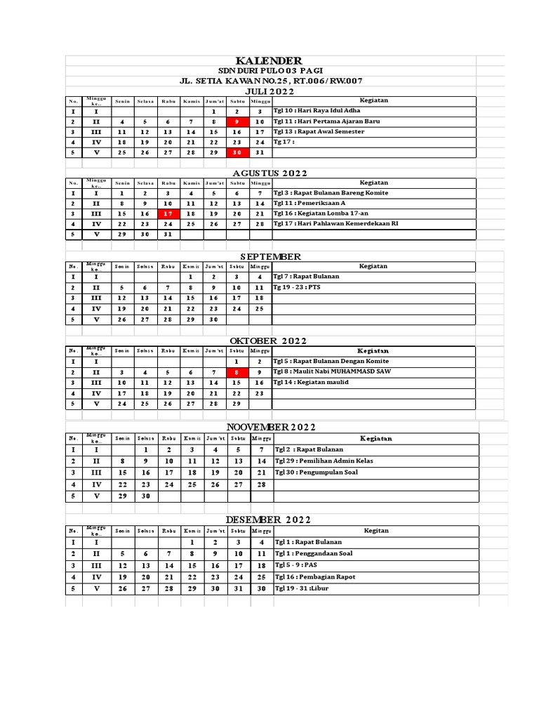 Kalender Kegiatan SDN Duri Pulo 03 | PDF