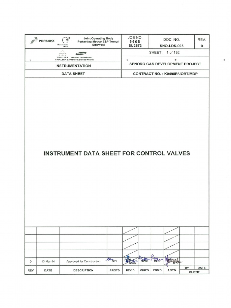 SNO-I-DS-003 - 0 Instrument Data Sheet For Control Valves (Revise) | Download grátis PDF ...
