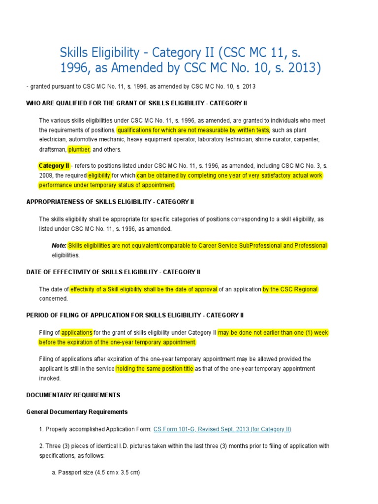 Guide - Skills Eligibilities - Categories I and II | PDF | Identity ...