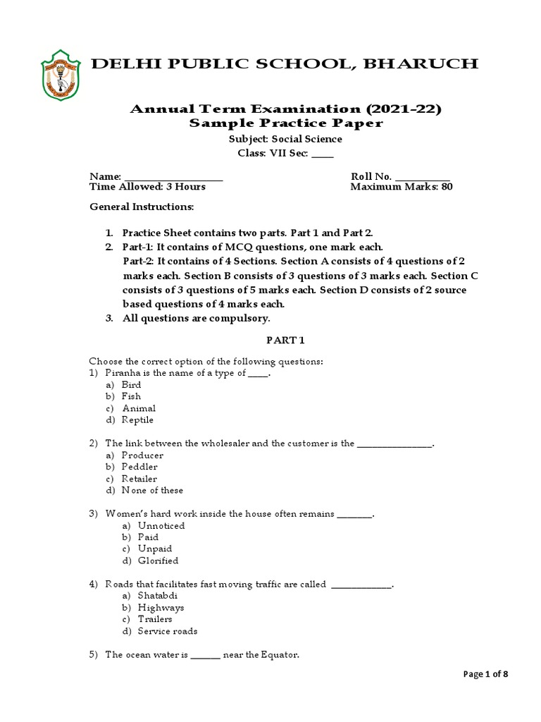 Delhi Public School, Bharuch: Annual Term Examination (2021-22) Sample ...