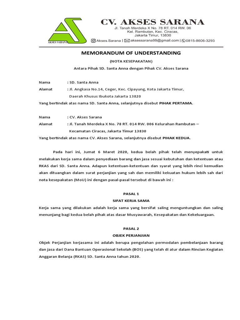 MoU Kerjasama SD Santa Anna dan CV Akses | PDF