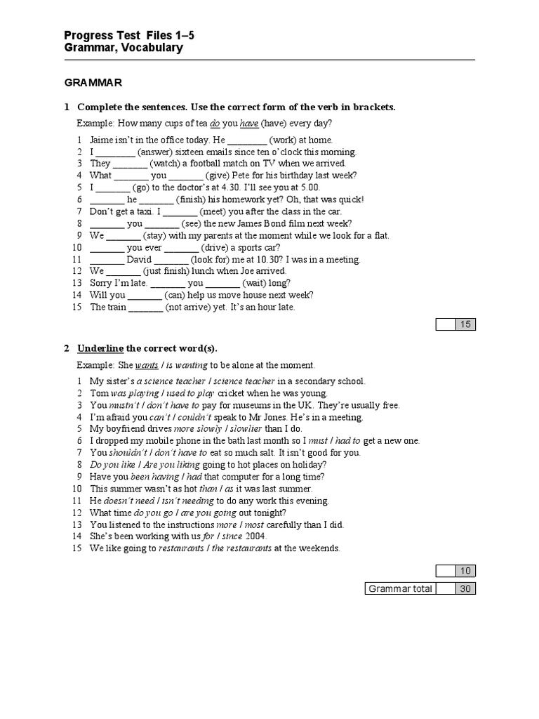 Progress Test Files 1-5 Grammar, Vocabulary | PDF