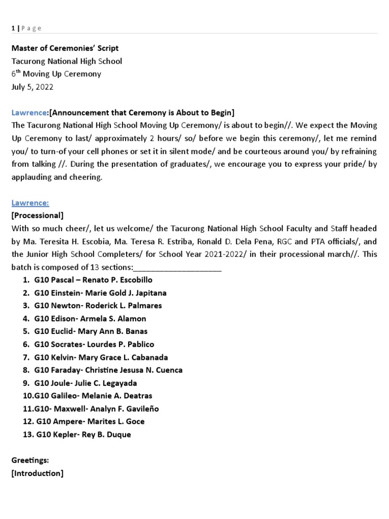 Moving Up Ceremony SCRIPT | PDF