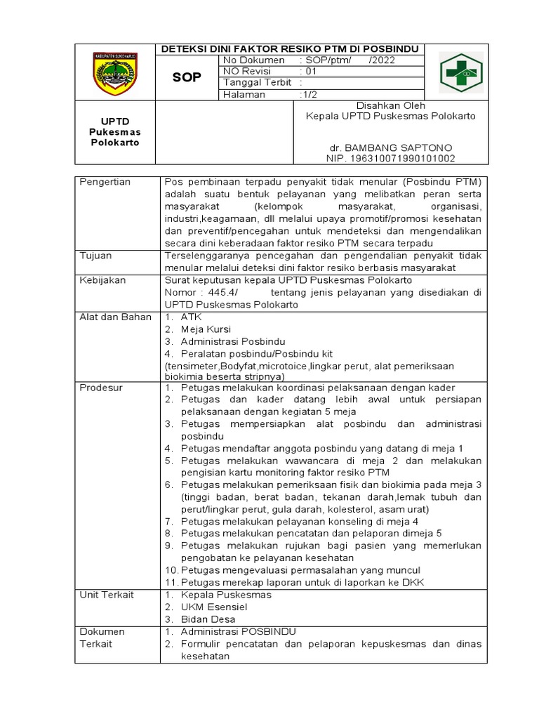 Sop Deteksi Dini PTM Posbindu BR | PDF