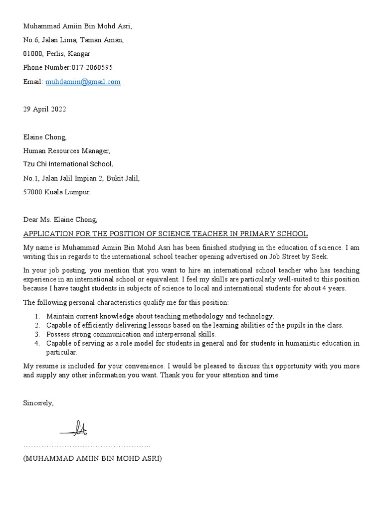 Muhammad Amiin Bin Mohd Asri Cover Letter | PDF