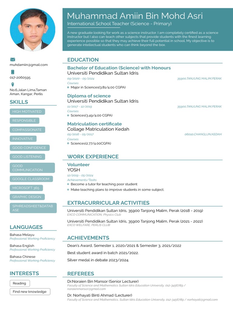 Muhammad Amiin Bin Mohd Asri Resume | PDF | Teachers | Learning