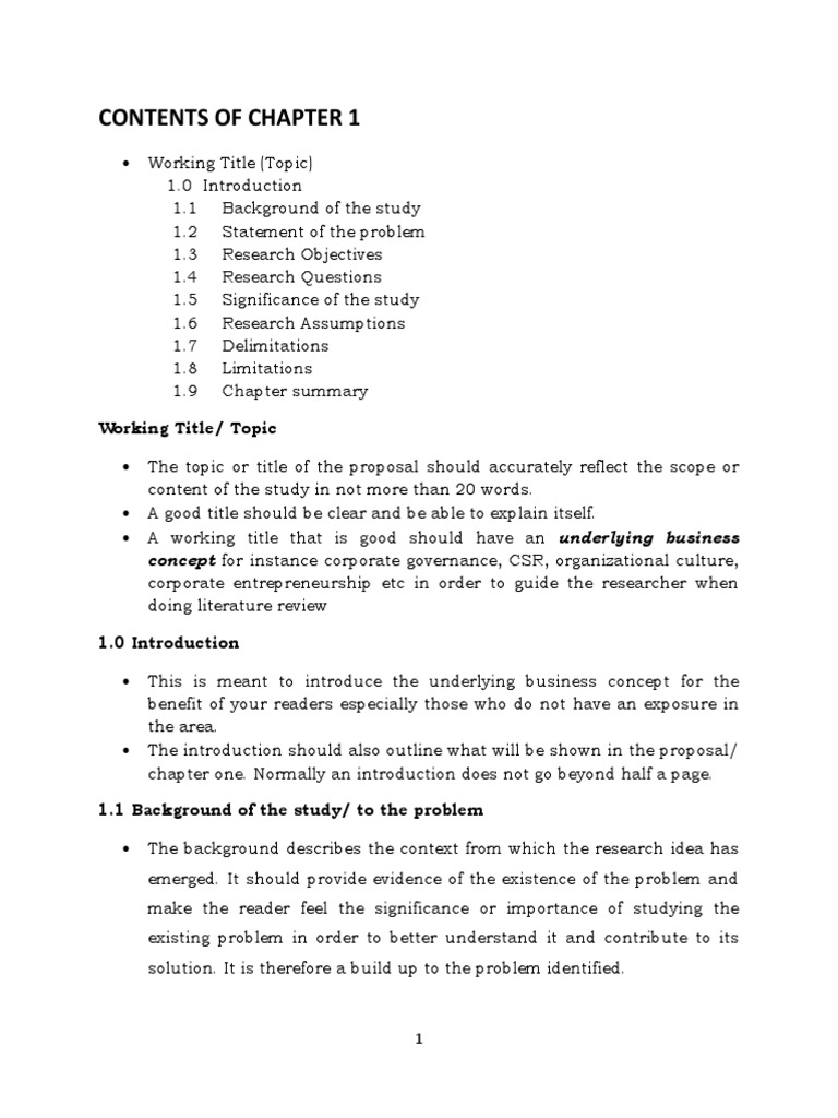 Contents of Chapter 1: Working Title/ Topic | PDF | Evidence | Concept