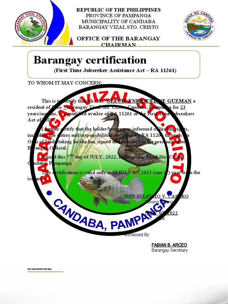 First Time Jobseeker Certification | PDF | Government | Civil Law ...