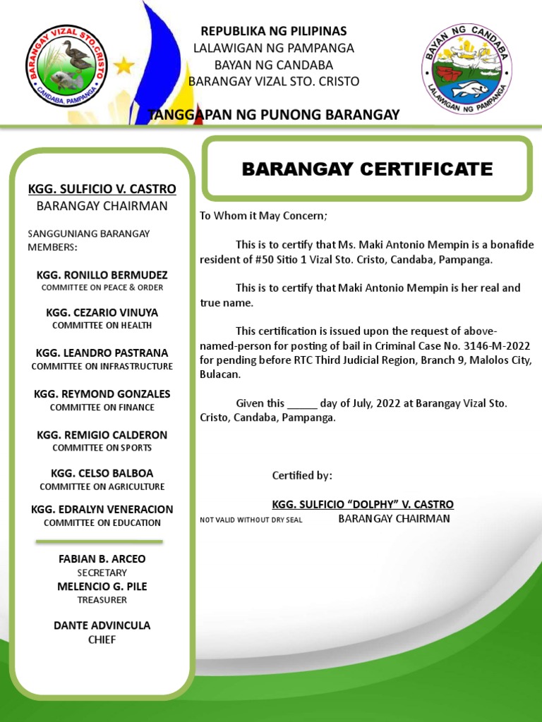Barangay Certification For Bailing | PDF