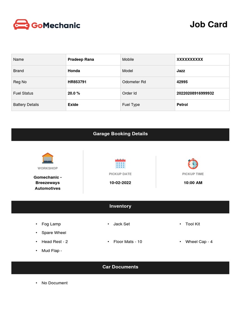 Job Card: Garage Booking Details | PDF | Insurance | Car