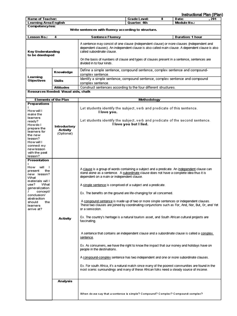Iplan Lesson 4 SENTENCES ACCORDING TO STRUCTURE | PDF | Clause ...