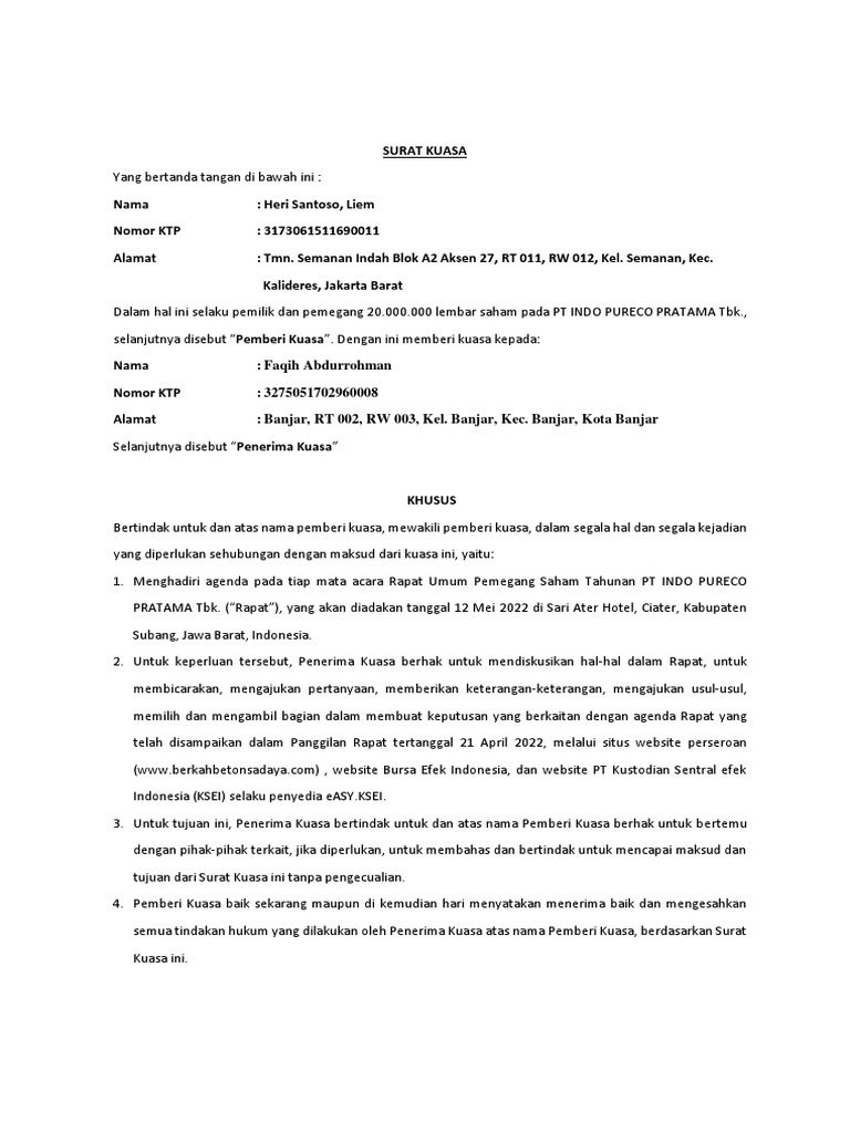 Surat Kuasa Heri - Faqih (RUPST RUPSLB PT IPPE TBK) | PDF Surat Kuasa Heri - Faqih (RUPST RUPSLB PT IPPE TBK) | PDF