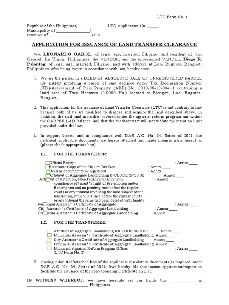 APPLICATION FOR LAND TRANSFER CLEARANCE - DAR.Gabol.2022 | PDF ...