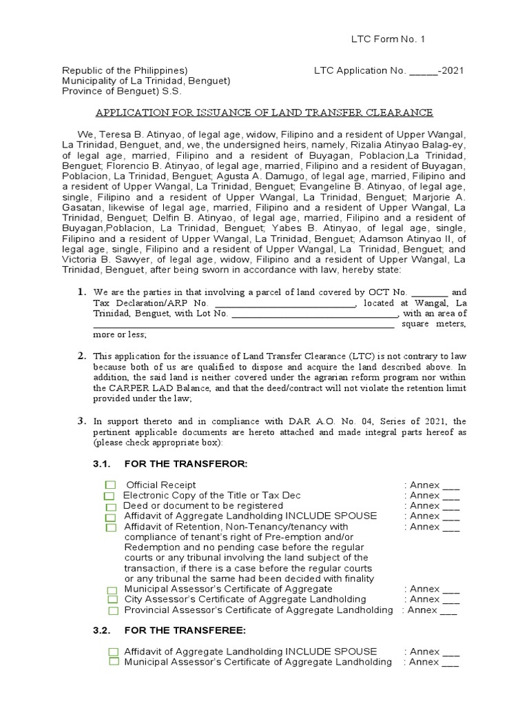 APPLICATION FOR LAND TRANSFER CLEARANCE - DAR.Heirs of Atinyao.6.2022 ...