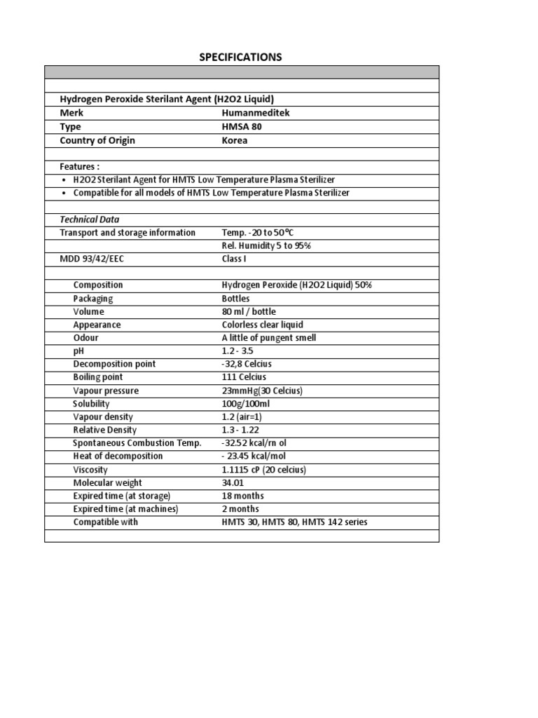 Specifications: Hydrogen Peroxide Sterilant Agent (H2O2 Liquid) Merk ...