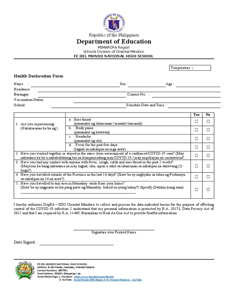 Department of Education: Health Declaration Form | PDF | Clinical ...