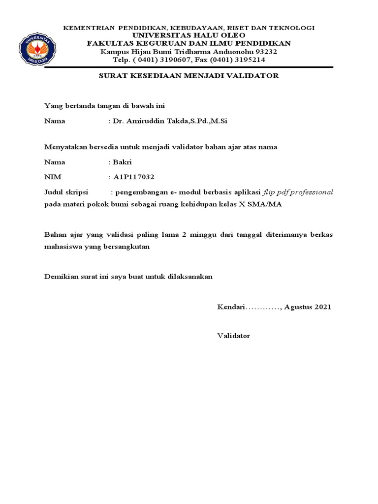 Surat Kesediaan Menjadi Validator | PDF